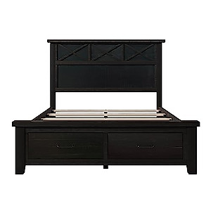 Queen Size Platform Bed, Wood Platform Beds with Two Storage Drawers & Headboard Rustic Farmhouse Style Wood Bed Frame Queen for Bed Room, No Box Spring Needed (Black)