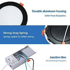 CycevSun 12 Pack Black Recessed Lights, Canless 4 Inch Soffit Wafer Lighting with Junction Box, Dimmable & 2700K 3000K 3500K 4000K 5000K Selectable, 9W, 120Vac, Wet & IC Rated, ETL