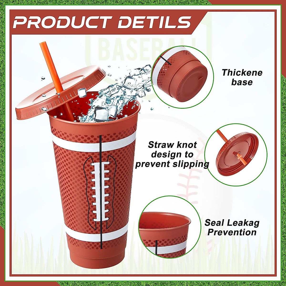 Uiifan 12 Pcs Football Cups with Lid and Straw Football Party Favors Plastic Tumbler Reusable Football Cups for Football Birthday Sport Party Decoration(24oz)