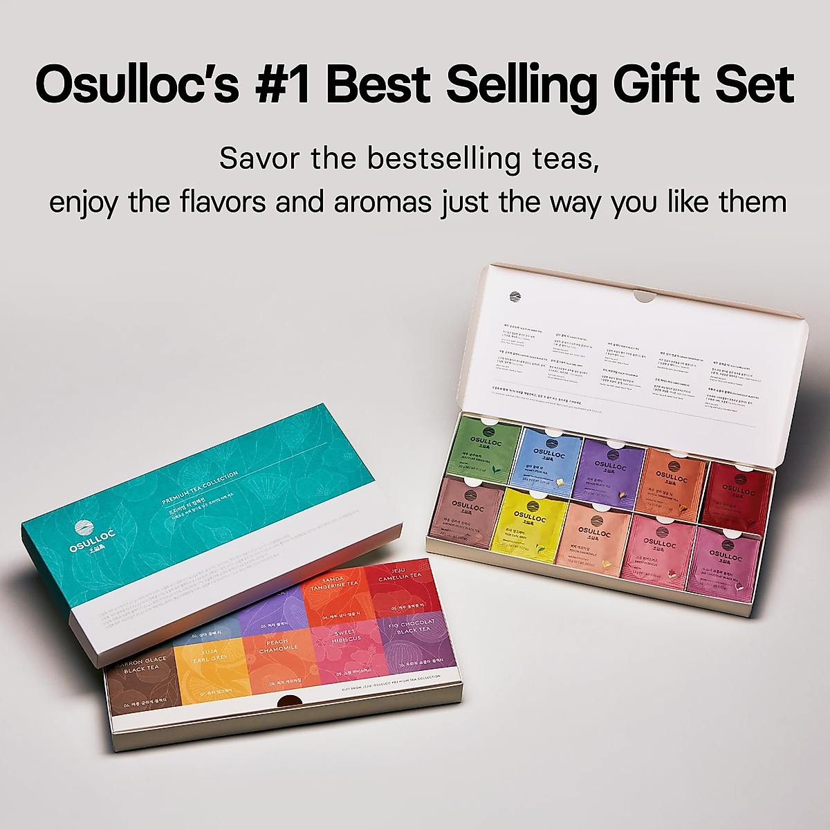 OSULLOC Premium Tea Collection Gift Set, Premium Organic Pure & Blended Tea from Jeju, Tea Bag Series 40 count, 8 flavors x 5 EA