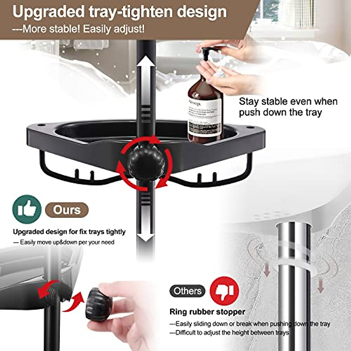 Corner Shower Caddy Tension Pole - Stainless Steel Rustproof Standing Shower Caddies Rack with 4 Tier Shelf for Bathroom Bathtub Organizer,54-114" Adjustable - Black