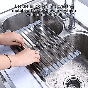Expandable Roll up Dish Drying Rack for Kitchen from 11” to 20”, Foldable Over-The-Sink Dish Drying Rack Space-Saving, Multipurpose Rolling Rack for Sink with Large Capacity, 13''x(11''~20''), Gray