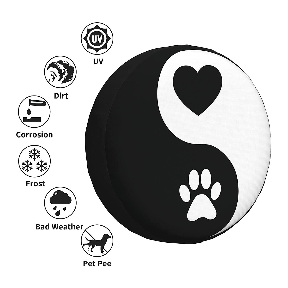 Dog Paw Print Ying Yang Spare Tire Cover, Waterproof UV Sun Protector Wheel Tire Cover, Universal Fit for Trailer RV SUV Truck Camper Travel Accessories 14" 15" 16" 17"
