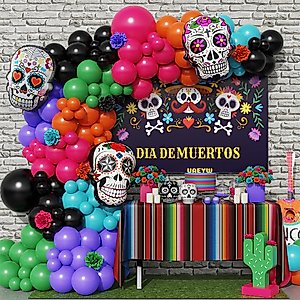 Day of the Dead Balloon Arch Garland Kit Dia De Los Muertos Party Decorations,147PCS Colorful Balloons with Sugar Skull Foil Balloons for Halloween Mexican Fiesta Coco Party Decorations