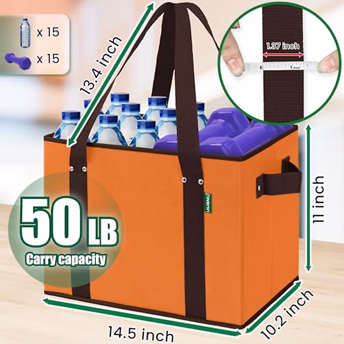 LALABAG Reusable Grocery Bag (Pack of 3) - Heavy Duty Box with High Load Carrier, Foldable, Perfect for Shopping, Gifting, Storage (Orange)