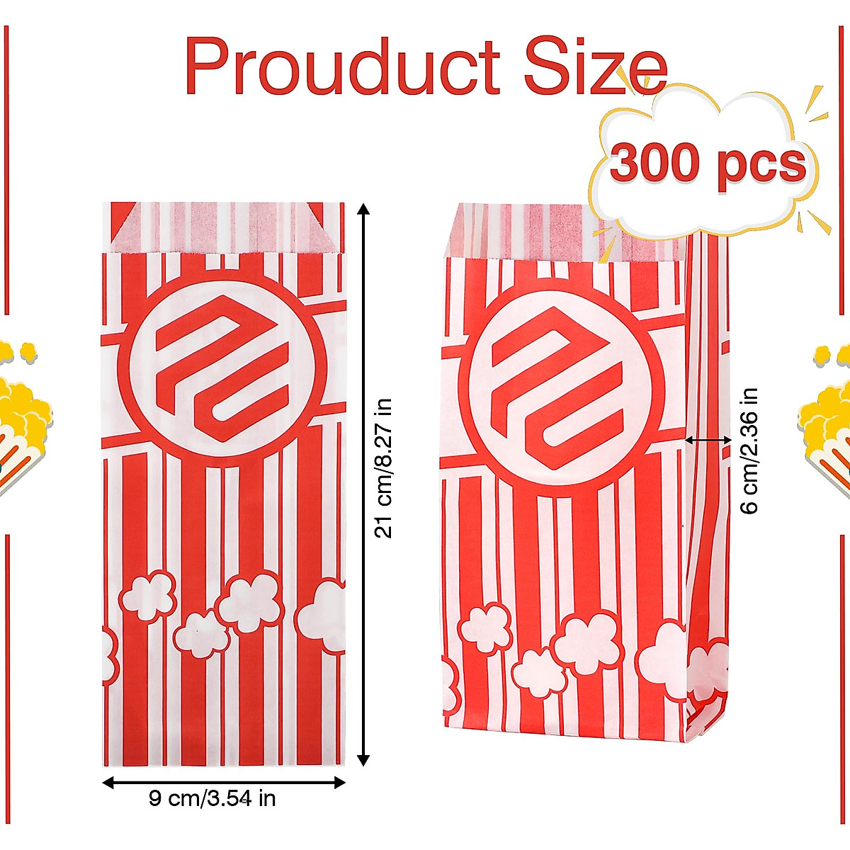 300 PCS Paper Popcorn Bags 1oz - Bulk Pack Compact Red & White Striped Snack Bags for Schools, Medium Events | Food Containers for Kernels, Nuts, Individual Servings, Concessions