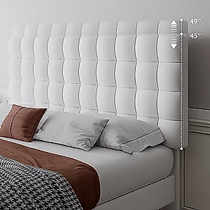 iPormis Full Size Platform Bed Frame, Faux Leather Upholstered Bed Frame with Square Tufted Headboard, Wood Slats Support, No Box Spring Needed, Easy Assembly, White