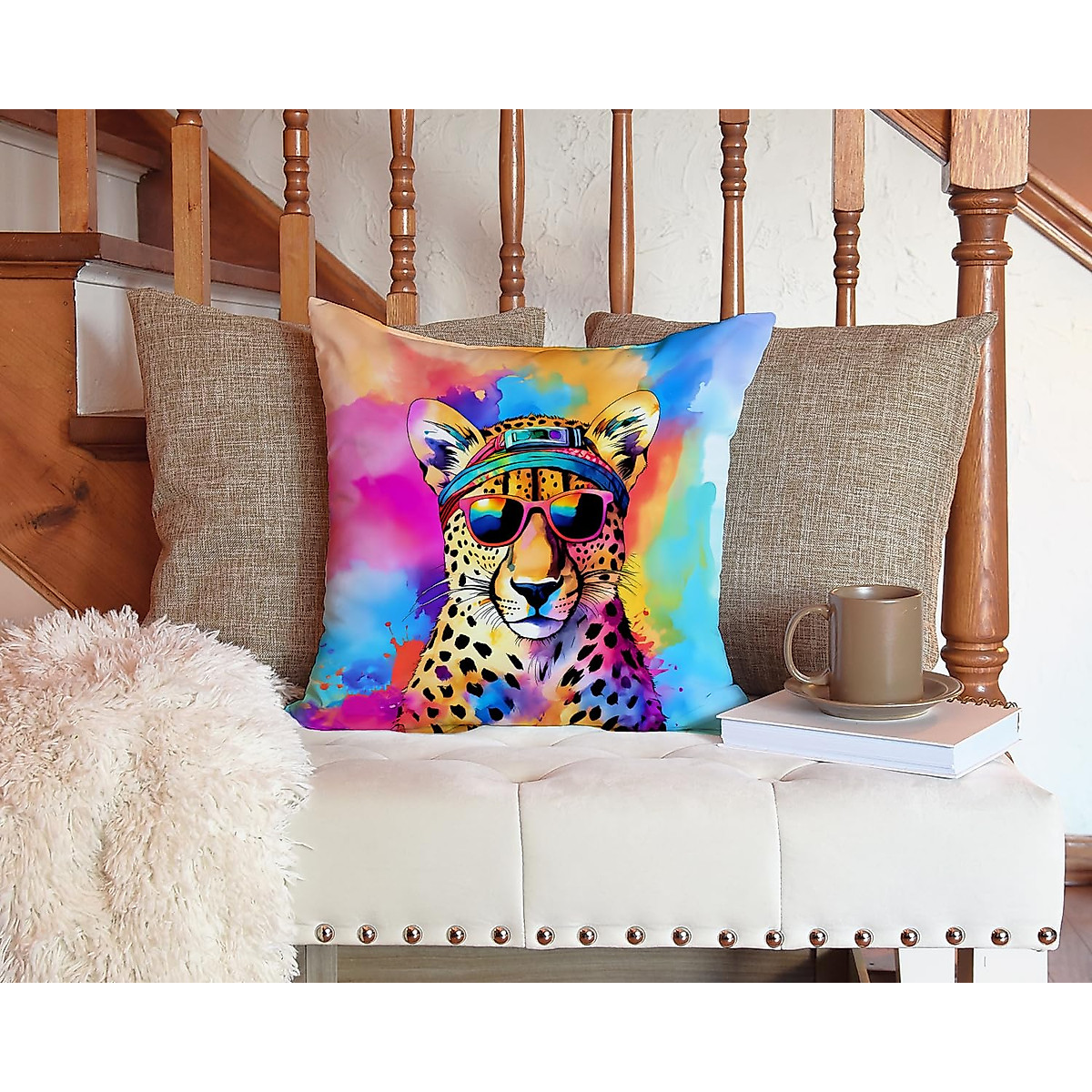 Caroline's Treasures DAC3969PW1414 Hippie Animal Cheetah Throw Pillow Machine Washable, Indoor Outdoor Decorative Pillow for Couch, Bed or Patio, 14Hx14W