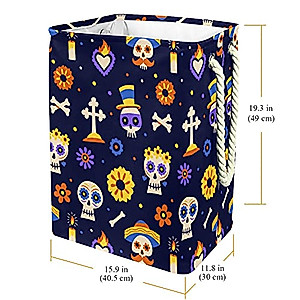 Waterproof Laundry Baskets Tall Sturdy Foldable Day of The Dead Skull Print Hamper for Adult Kids Teen Boys Girls in Bedrooms Bathroom