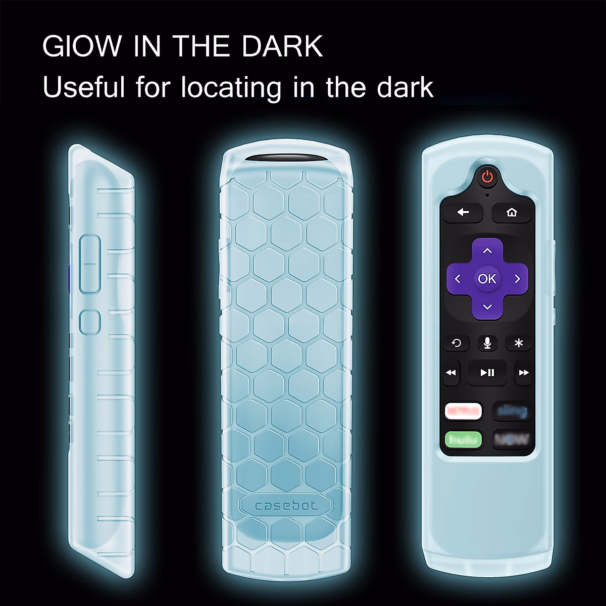 CaseBot Remote Case for Roku Voice, Express HD / 4K+, Ultra LT Enhanced Voice, Express 3930, Premiere+ 3921, Streaming Stick+ Remote, Honey Comb Anti Slip Shockproof Silicone Cover, Blue Glow