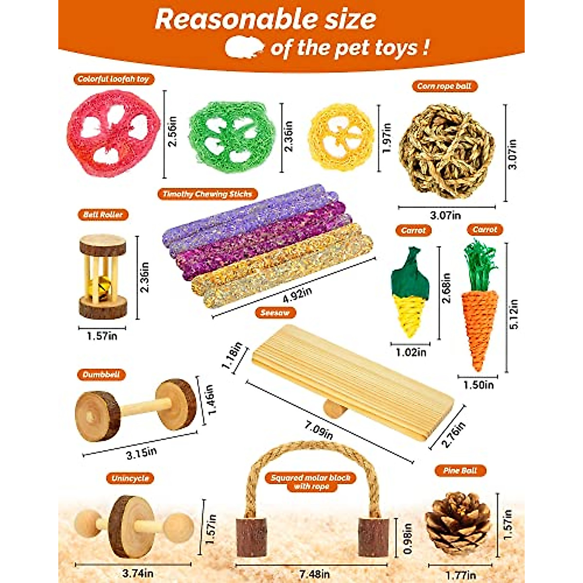 OVERTANG Hamster Toys, Guinea Pig Toys, 18 Pcs Wooden Hamster Toy Set Natural Apple Wood Small Animal Chew Molar Toys for Teeth for Rabbit, Chinchilla, Gerbils, Rats Exercise Accessories