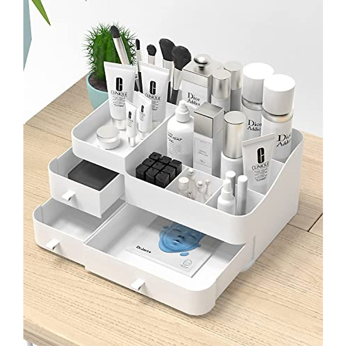 Makeup Organizer Storage with Drawers, Cosmetic Display Case for Brushes, Lotions, Perfumes, Eyeshadow, Nail Polish Ideal for Bathroom, Dresser, Countertop (White)