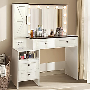 elifine Vanity with Lighted Mirror - Farmhouse Makeup Vanity Desk with 4 Drawers, 1 Cabinet and Power Outlet, 3 Color Lighting Modes Adjustable Brightness