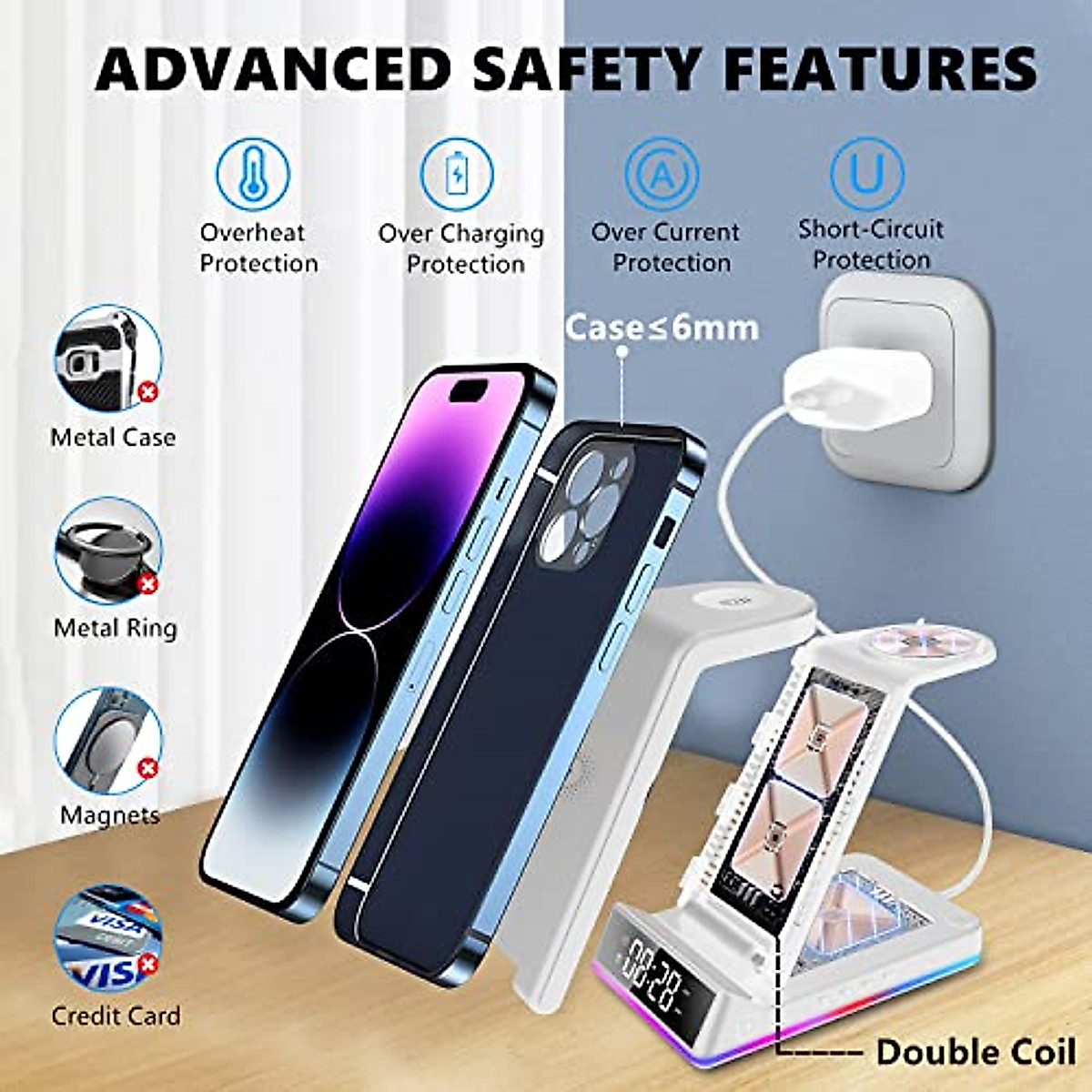 Wireless Charging Station, 3 in 1 Wireless Charger [With Alarm/Clock/Night Light]15W Wireless Charging Dock Stand for iPhone 14/13/12/11,Samsung Phones,Apple Watch Series & Airpods (with 30W Adapter)