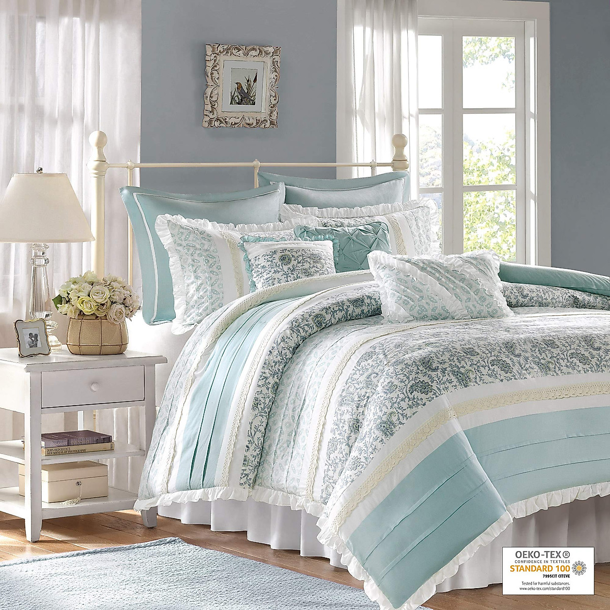 Madison Park Dawn 100% Cotton Duvet Set Floral Shabby Chic Design All Season Comforter Cover Bedding, Matching Shams, Percale Light Weight Bed Comforter Covers, King(104"x92"), Blue 9 Piece , Aqua