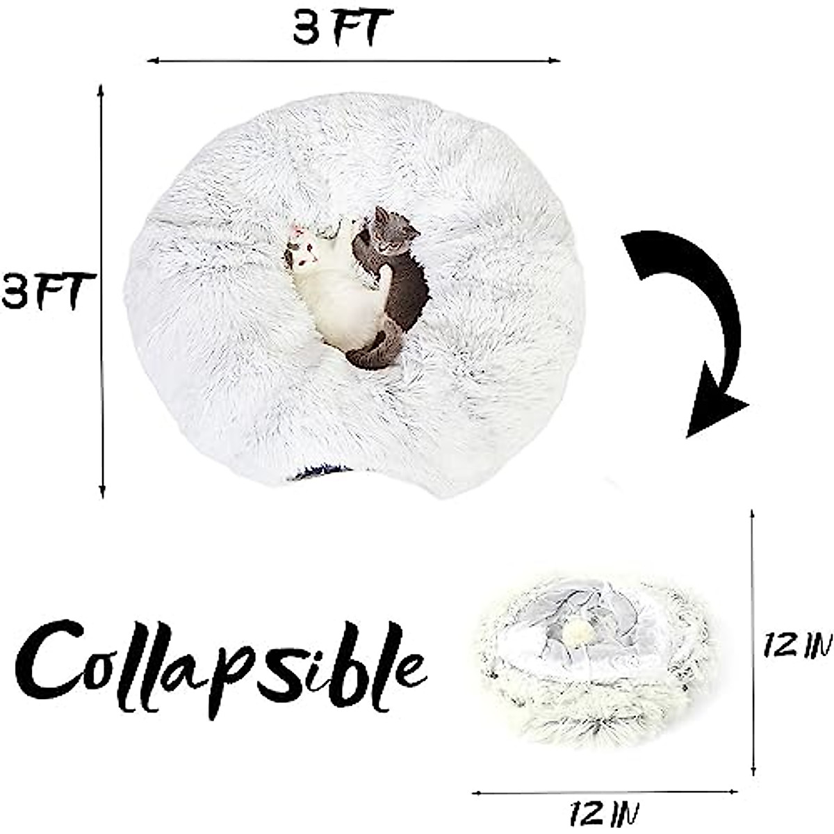 LUCKITTY Warm Fluffy Plush Cat Dog Tunnel Bed with Washable Cushion-Big Tube Playground Toys 3 FT Diameter Longer Crinkle Collapsible 3 Way, for Indoor Cat Kitty Kitten Puppy Rabbit Ferret White