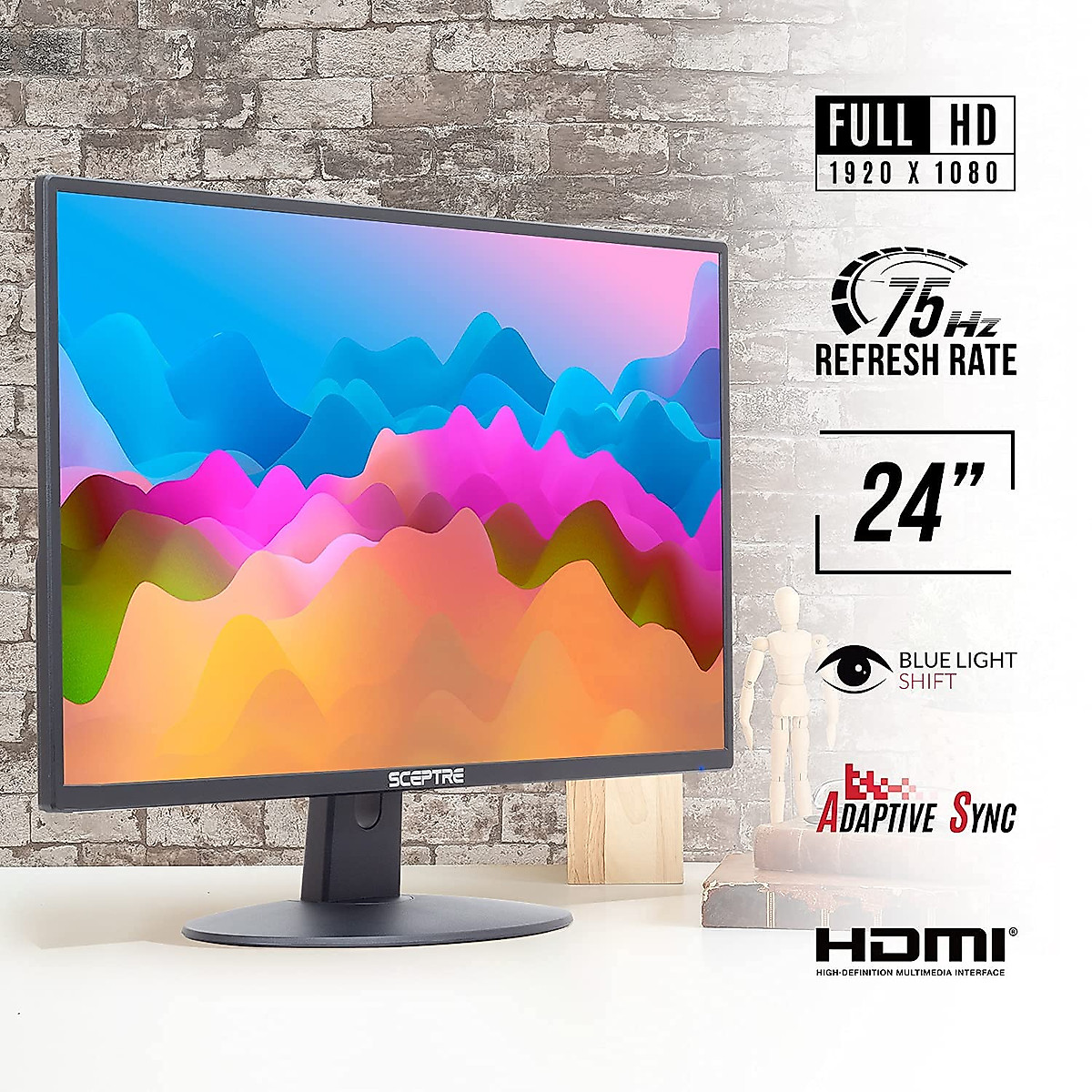 Sceptre E249W-19203R 24-inch FHD LED Gaming Monitor 2X HDMI VGA 75Hz Build-in Speakers, Machine Black (Renewed)