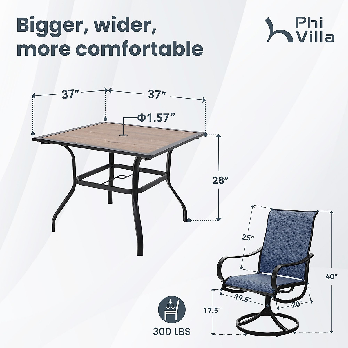 PHI VILLA Patio Dining Set 5 Piece, 4 Breathable Textilene Swivel Patio Chairs and 1 Round Metal Table with 1.57" Umbrella Hole, All Weather Resistant for Lawn Garden