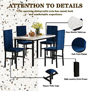 Hooseng Dining Table Set for 4, Faux Marble Kitchen Table and Chairs for 4, 5 Piece Dinner Kitchen Table Set -Size: 47L x 27W x 30H, Space Saving Dining Table Furniture Set for Apartment, Restaurant