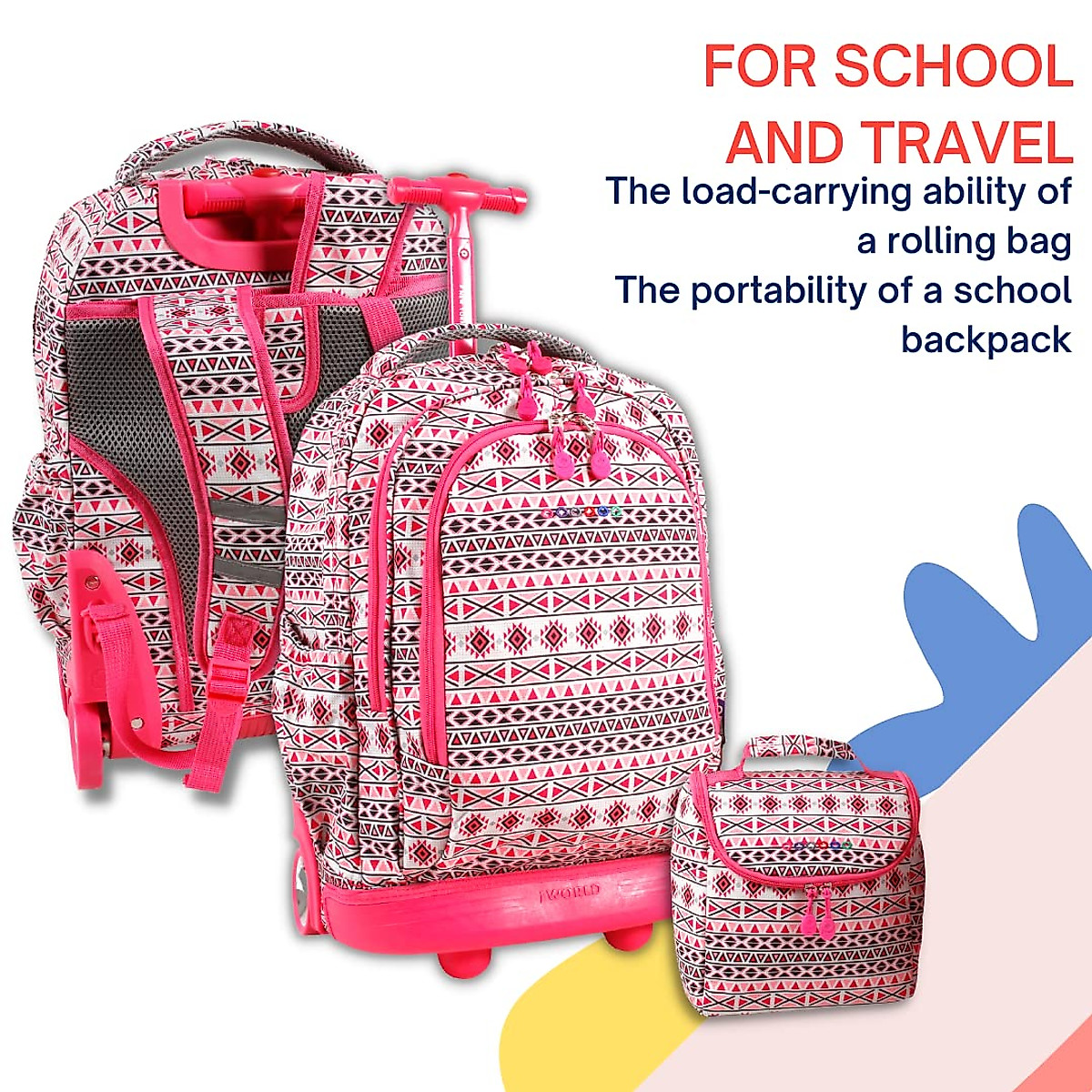 J World New York Setbeamer Rolling Backpack & Lunch Bag Set for boy,girl,shcool and travel (SKANDI PINK)