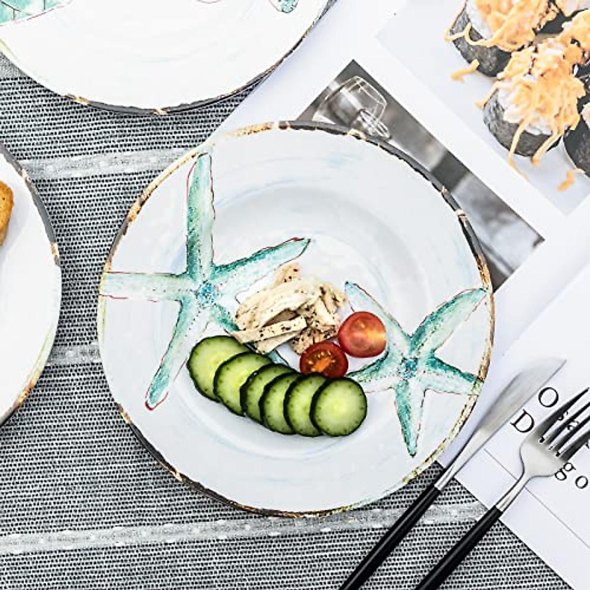 Gofunfun Melamine Salad Plates Set of 4, Salad/Dessert Plate for Outdoor/Indoor Use, Shatterproof, BPA Free, Dishwasher Safe Small Dinner Plates, Marine Life