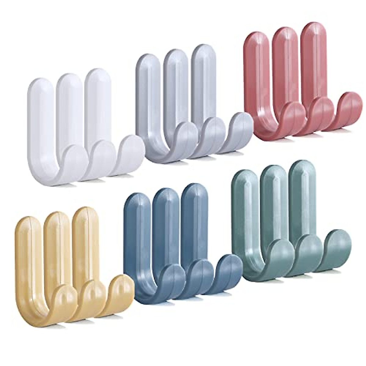 18Pcs Plastic Adhesive Hooks, Fashion Color Wall/Door Hanger for Hanging Coat Clothes, Hats, Ladies Bags, Purses, Keys, Towels