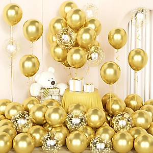OHugs Gold Balloons - 65 Pcs Set of 12 Inch 40 Metallic Gold Balloons & 20 Confetti Balloons for Baby Shower Decorations, Birthday Party Balloons Wedding Celebrations, Funeral, Engagement, Graduation