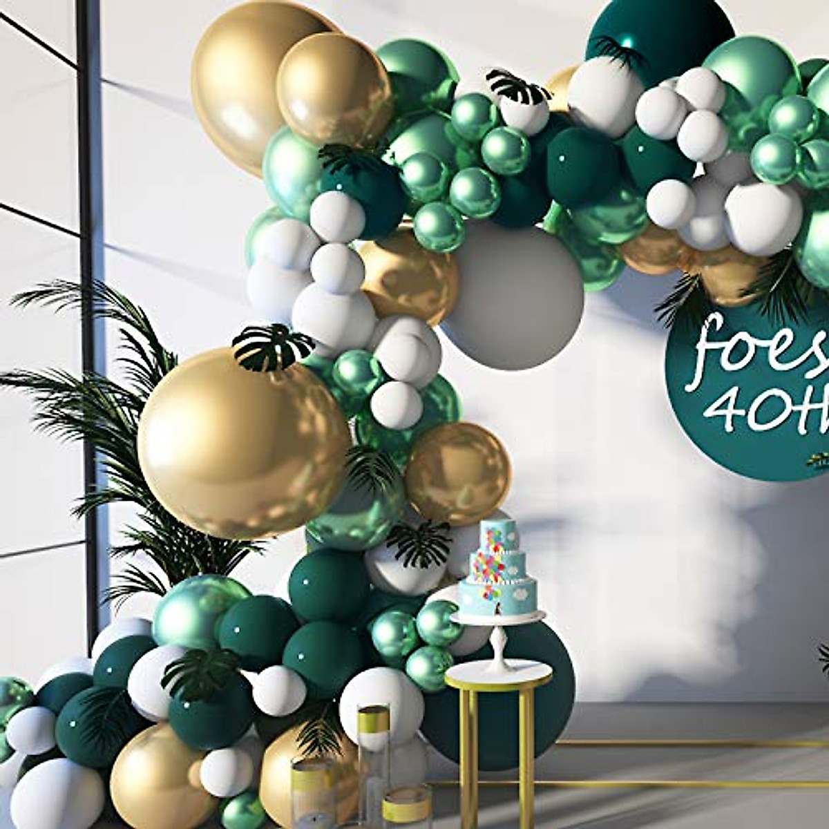 Soonlyn Jungle Party Decorations Balloon Garland Arch Kit 125 Pcs, Double Stuffed Emerald Green Gold Matellic White Balloons with Large Leaves for Safari Birthday Party Decorations Baby Shower