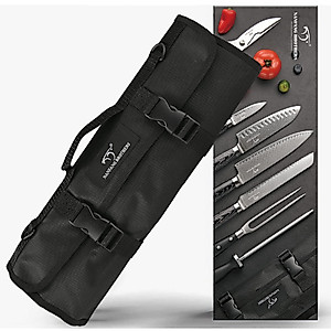 NANFANG BROTHERS Knife Set with Bag, 8 Pieces Damascus Steel Chef Knives with Portable Knife Roll Storage Bag, Blade Guards, Carving Fork, Sharpener and Kitchen Shears for Outdoor Camping BBQ Travel
