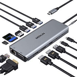 14 in 1 USB-C Docking Station - Dual Monitor Laptop Dock with 2 HDMI, VGA, 5 USB, SD/TF for Dell/Surface/HP/Lenovo Laptops