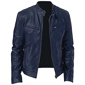 Maiyifu-GJ Men's Faux Leather Biker Jacket Vintage Motorcycle Jacket Outerwear Retro Stand Collar PU Leather Slim Fit Coat (Dark Blue,4X-Large)