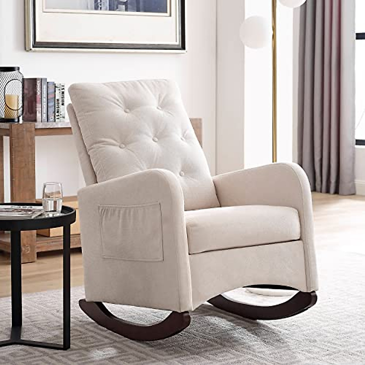 Deolme Modern Accent Rocking Chair, Button Tufted Upholstered Glider Rocker for Nursery, Comfy Armchair with Side Pocket, Lounge Chair with High Backrest for Living Room, Bedroom (Fabric Light Beige)