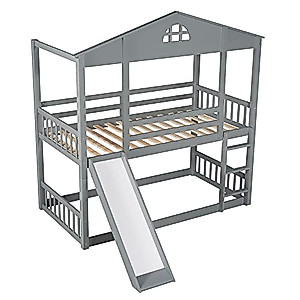 Harper & Bright Designs Twin Over Twin House Bunk Bed with Slide and Ladder, Wooden Floor Bunk Bed Frame with Roof, for Kids Girls Boys (Gray)
