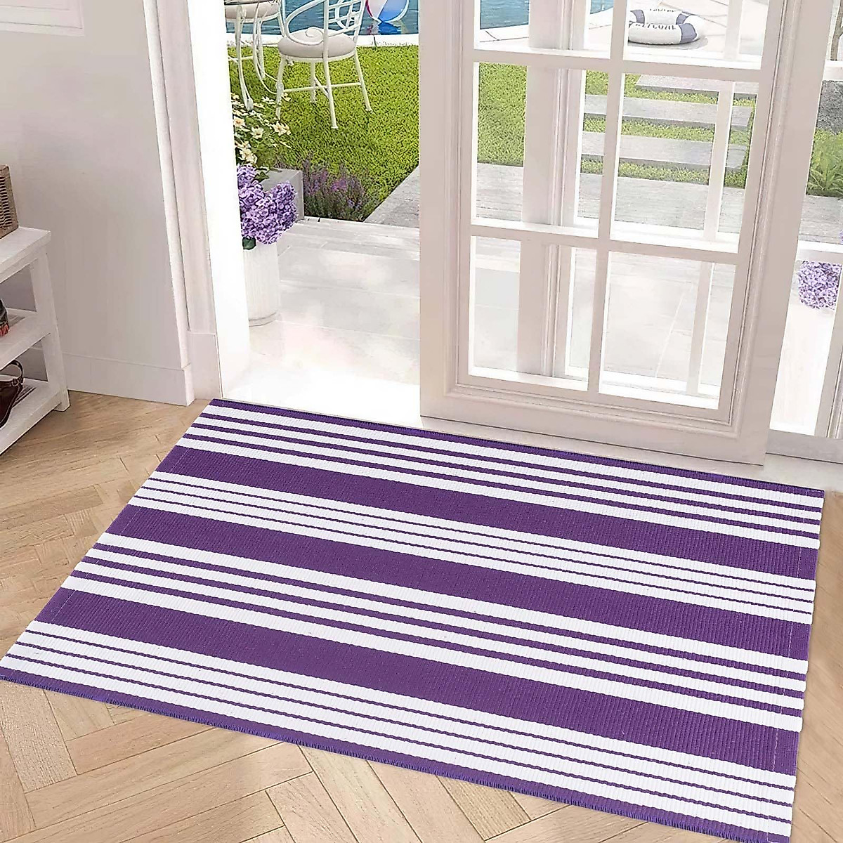 Purple and White Striped Outdoor Rug 24'' x 51''Outdoor Front Porch Rug Hand-Woven Machine Washable Indoor/Outdoor Layered Door Mats for Entryway/Bedroom/Outdoor