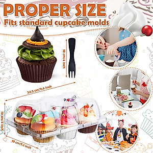 Uiifan 25 Pcs x 6 Counts Stackable Cupcake Carrier Holders with 300 Cupcake Liners and 150 Spoons, Plastic Cupcake Boxes for 6 Cupcakes Clear Disposable Container with Detachable Tall Dome Lid