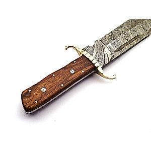 Skokie Knives Custom Hand Made Damascus Steel Hunting Bowie Knife Handle Walnut Wood With Mosic Pins And Brass Guard