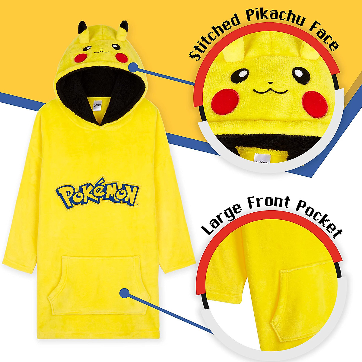 Pokemon Boys Oversized Hoodie with Sherpa-Lined Hood - Blanket Hoodies for Kids (Yellow/Black Pikachu)