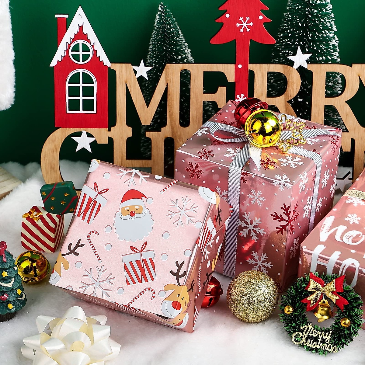 WRAPAHOLIC Christmas Wrapping Paper Roll - Rose Gold Santa, Snowflakes and Reindeer Holiday Collection with Metallic Foil Shine - 4 Rolls - 30 Inch X 120 Inch Per Roll