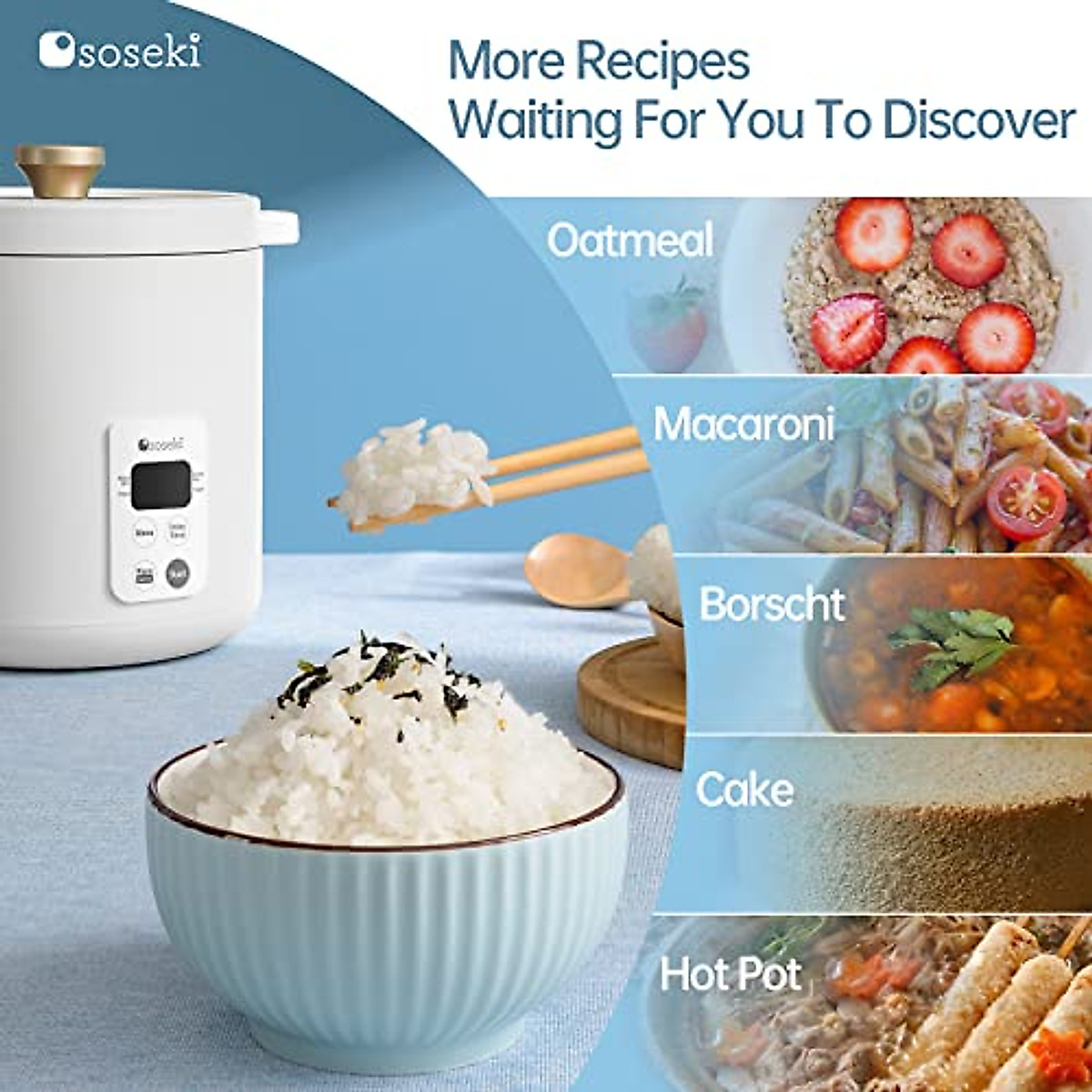 soseki Mini Rice Cooker, 2 Cups Uncooked Rice Cooker Small, One-Touch Screen with 4 Presets Rice Cooker For 1-2 people, 1.2L(1.3 QT) Yogurt Maker For Oatmeal,Macaroni,Borscht,Hot Pot (Pearl White)