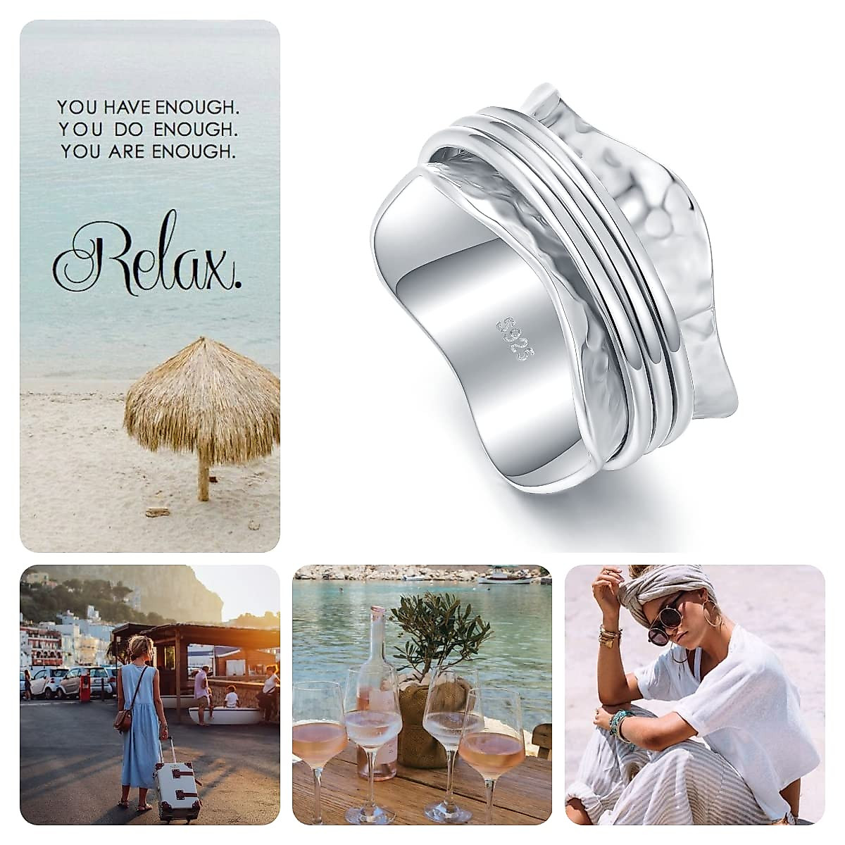 STROLLGIRL Sterling silver Simple spinner ring Fidget band ring spinning meditation anxiety ring (hammered design D, 9)