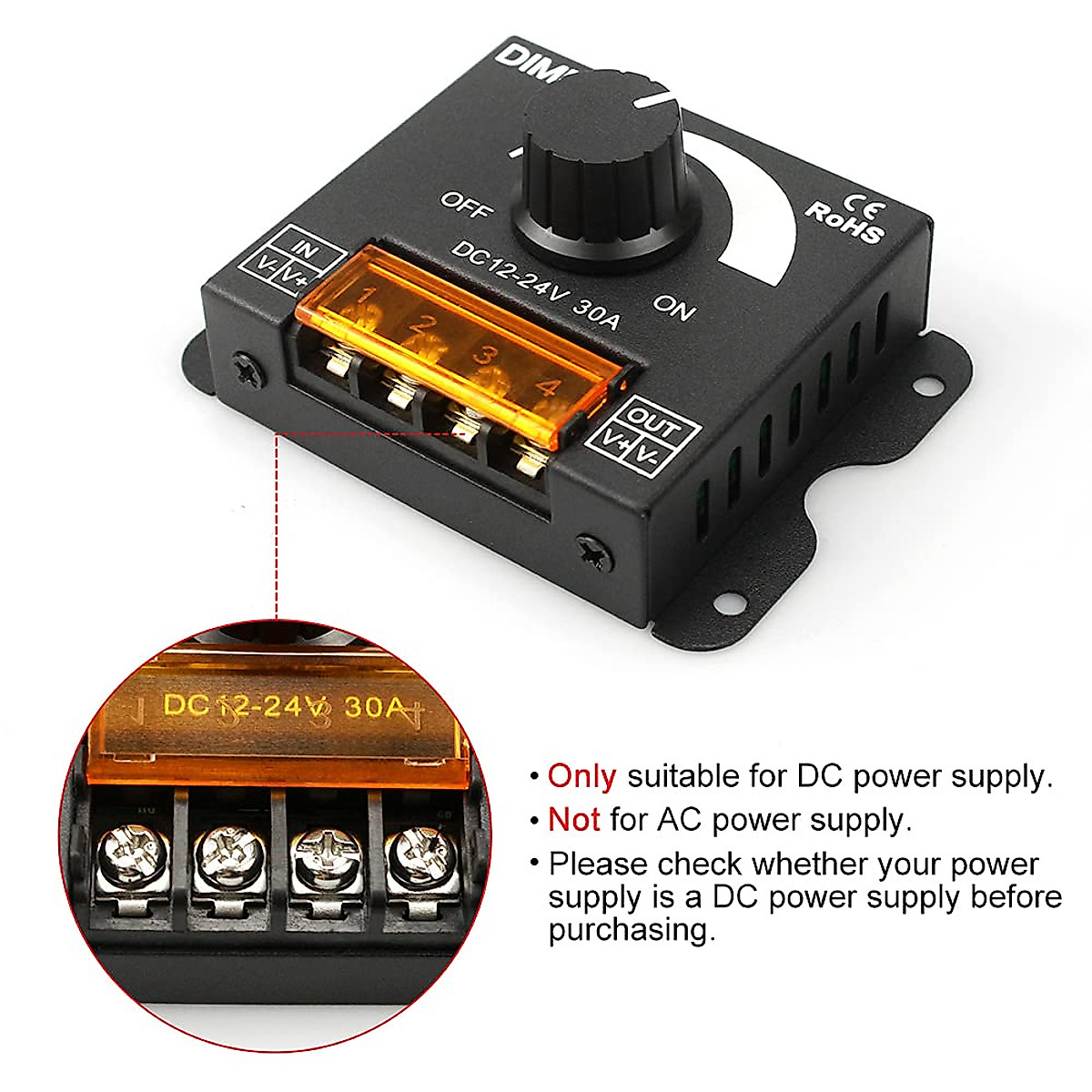 InduSKY Upgraded LED Dimmer PWM DC 12V-24V 30A Lighting Dimming Controller Single Channel + 5M 22AWG Extension Cable for Led Strips 3528 5050 Single Color + DC 12V Plugs Female Connector