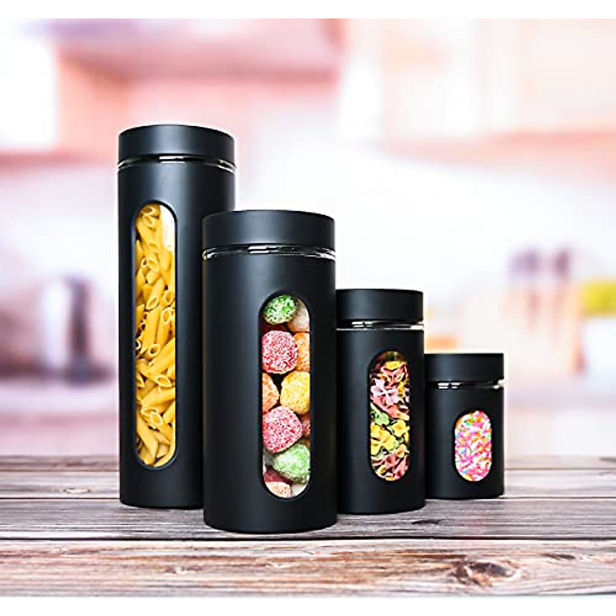 Quality Modern Black Stainless Steel Canister Set for Kitchen Counter with Glass Window & Airtight Lid - Food Storage Containers with Lids Airtight - Pantry Storage and Organization Set