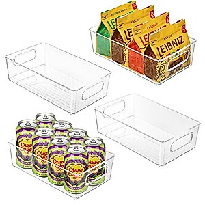 Tasmy Set of 4 Refrigerator Organizer Bins - Stackable Fridge Organizers with Handles for Freezer, Kitchen, Countertops, Cabinets - Clear Plastic Pantry Food Storage Rack, BPA Free
