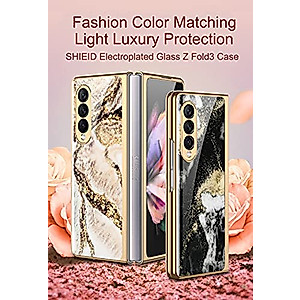 SHIEID Samsung Z Fold 4 Case, Z Fold 4 Case Ultra-Thin Tempered Glass Phone Case Protective Cover for Samsung Galaxy Z Fold 4 5G Fashion Electroplated PC Back Cover, Marble-3