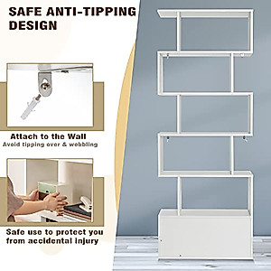 Giantex 6-Tier Geometric Bookcase with Cabinet, Freestanding Display Shelves with Anti-Tipping Device, Wood S-Shaped Bookshelf for Living Room, Bedroom, Study, White