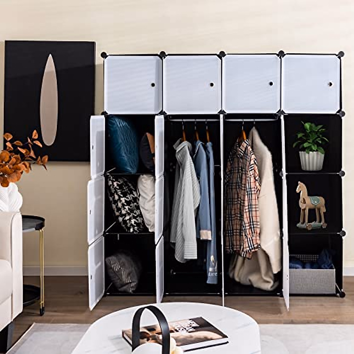 GOFLAME Portable Wardrobe Closet, 16-Cube Storage Organizer with 16 Doors & 2 Hanging Rods, Modular Clothes Dresser, Bedroom Armoire, Cube Shelf Cabinet for Clothes, Toys, Towels, Books, Tools