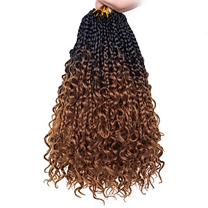 Unionbeauty 14 Inch Boho Box Braids Crochet Hair 8 Packs Goddess Box Braids Crochet Hair Curly Ends Pre-looped Bohemian Hippie Braids Ombre Synthetic Braiding Hair Extension for Black Woman 1B/30#