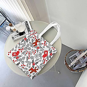 Canvas Tote Bag，Winter Holly Berries Candy Deer Christmas Reusable Large Shopping Shoulder Tote Bag For Women，Red Holiday Doodle Tree Art Blossom Leaf Nature White Beach Tote Bags Bulk For Work