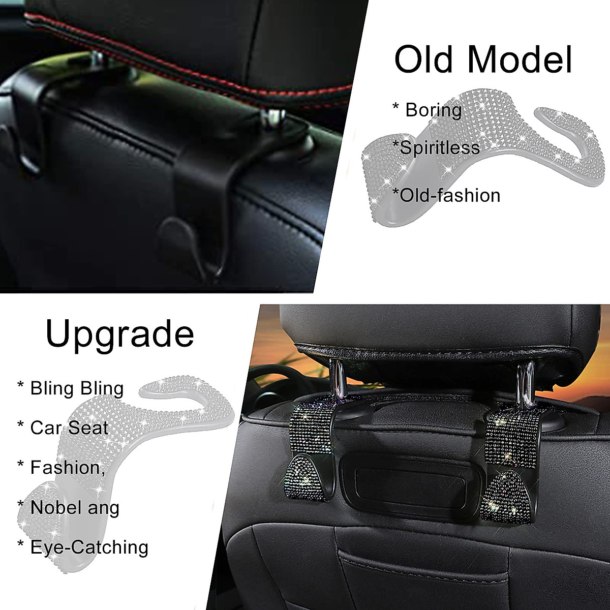 Gseigvee Car Back Seat Headrest Hooks 2 Pack,Car Hook for Purses and Bags, Bling Car Interior Accessories Multi-Color