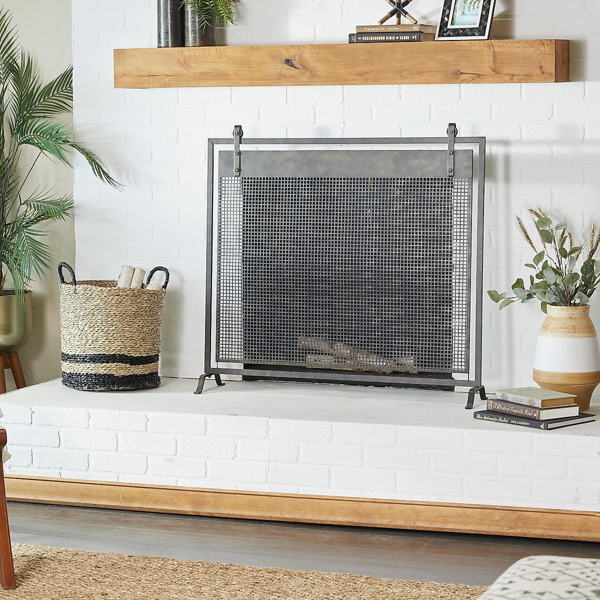 Deco 79 Metal Geometric Fireplace Screen Suspended Grid Single Panel with Bolted Detailing, 38" x 9" x 35", Black